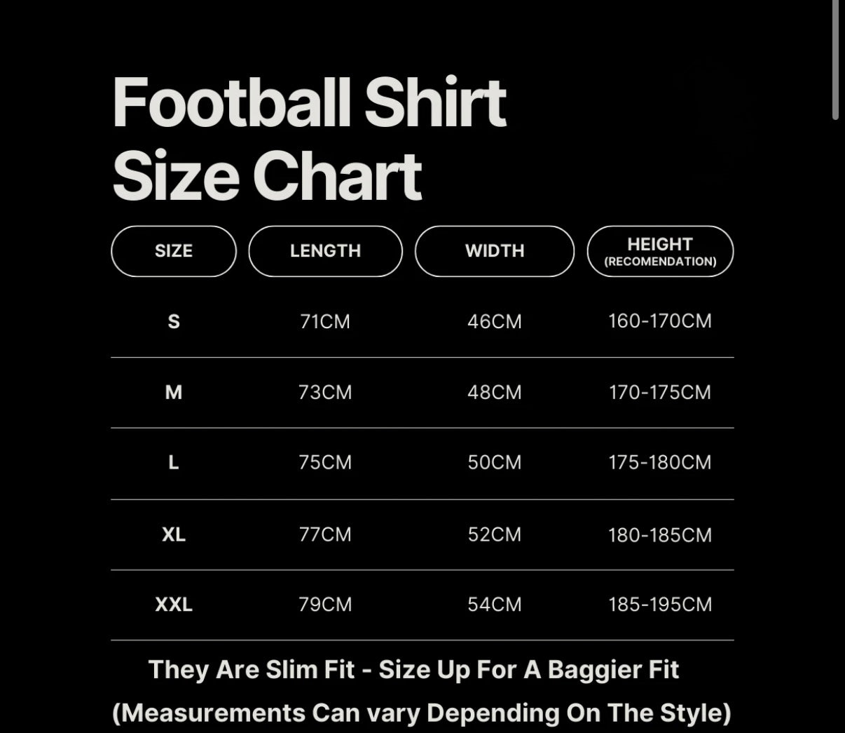 Size Chart – Retro Footy Classics